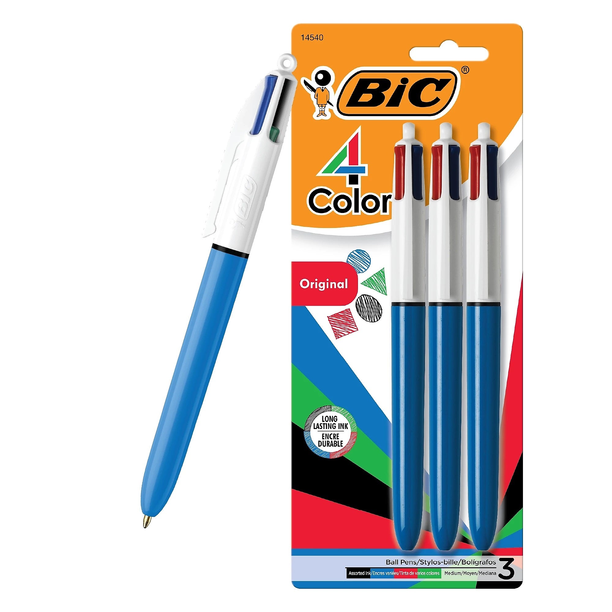 BIC 4-Color Retractable Ballpoint Pens, Medium Point, Assorted Ink, 3 ...