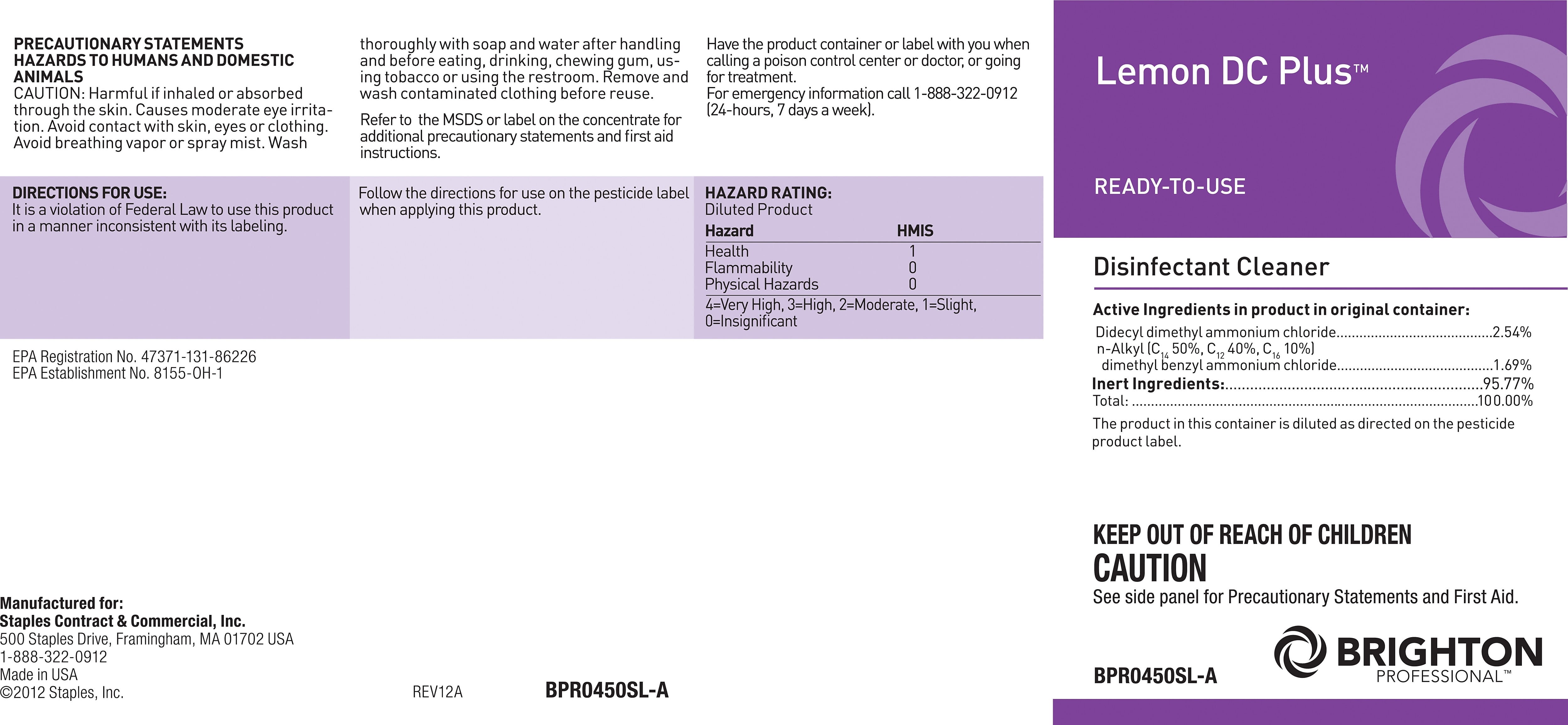 Brighton Professional™ Secondary Label for Lemon DC Plus™ Disinfectant ...