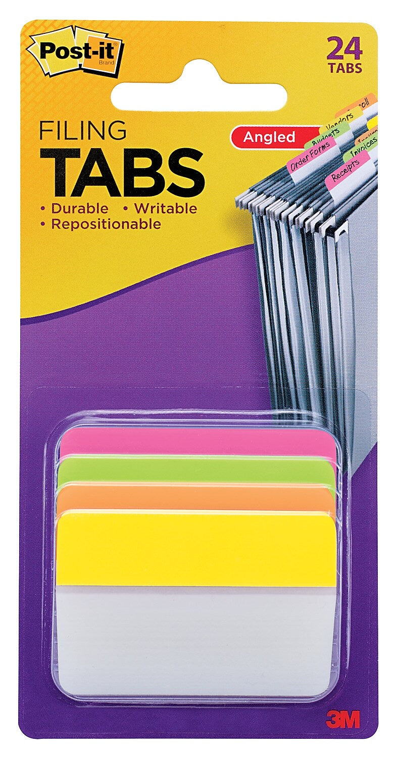 Post-it® Filing Tabs, 2" Wide, Angled, Solid, Assorted Colors, 24 Tabs ...