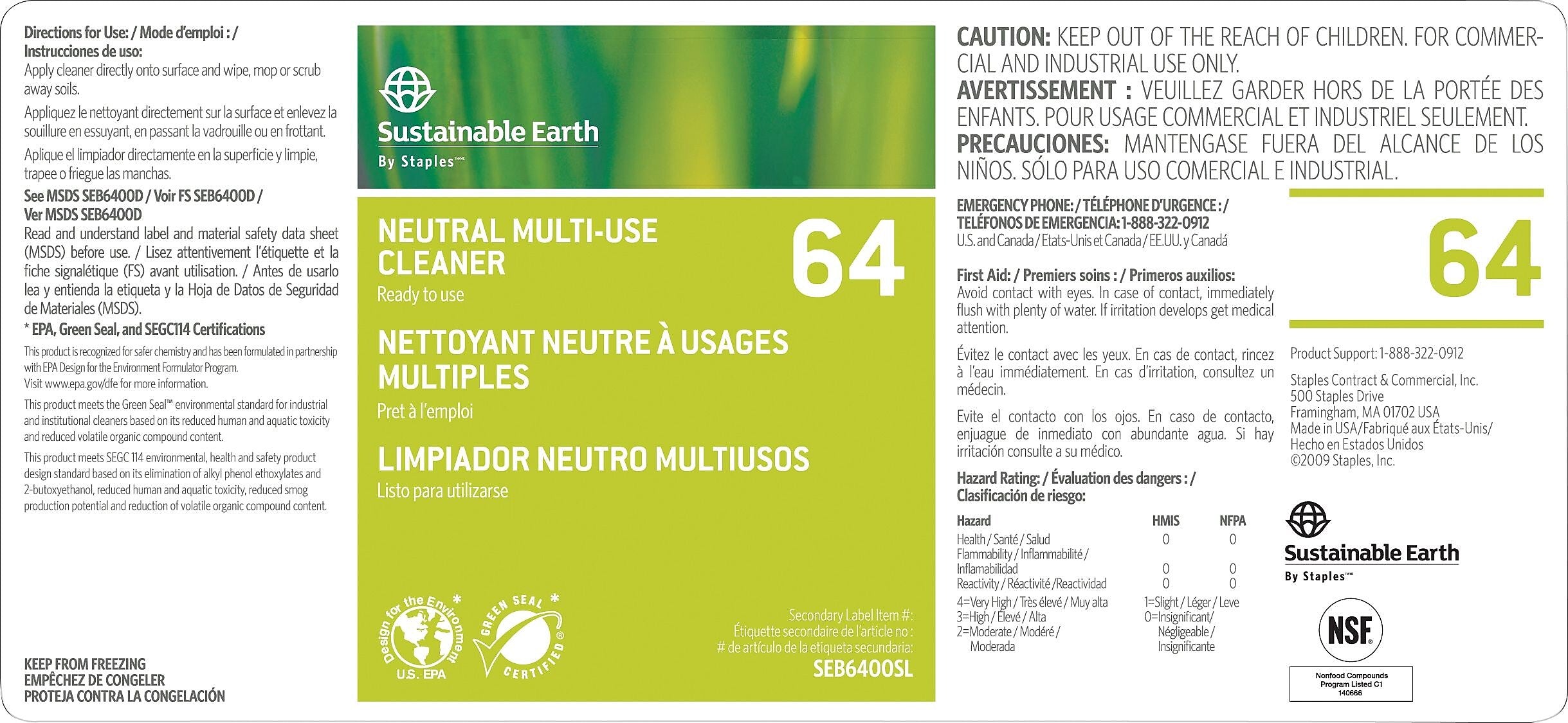 Sustainable Earth by Staples® #64 All Purpose Cleaner Secondary Labels ...